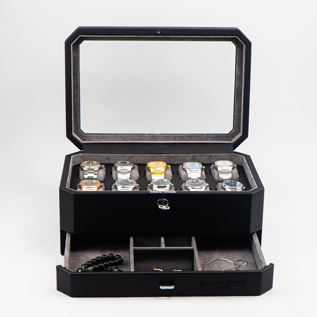 Duke Watch Box With Drawer - 10 Slot (Black X Grey)